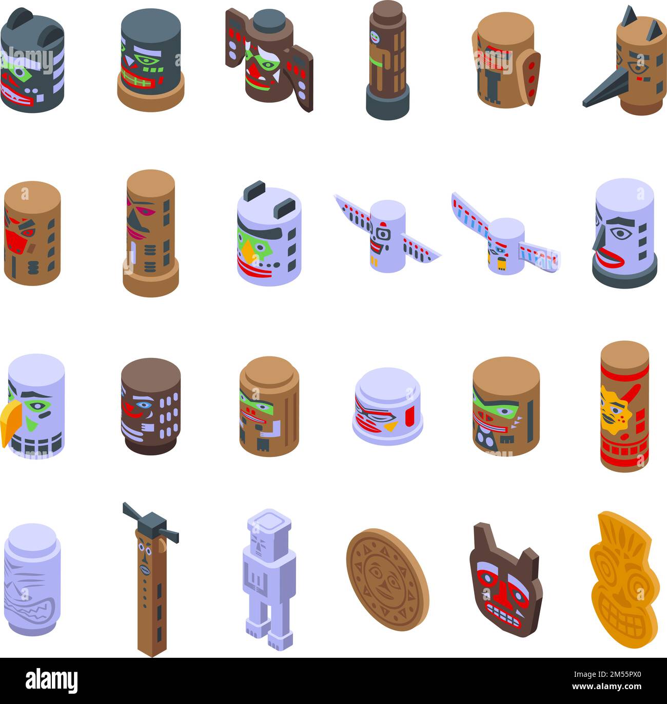 Totem icons set isometric vector. Stone aztec. Idol statue Stock Vector ...