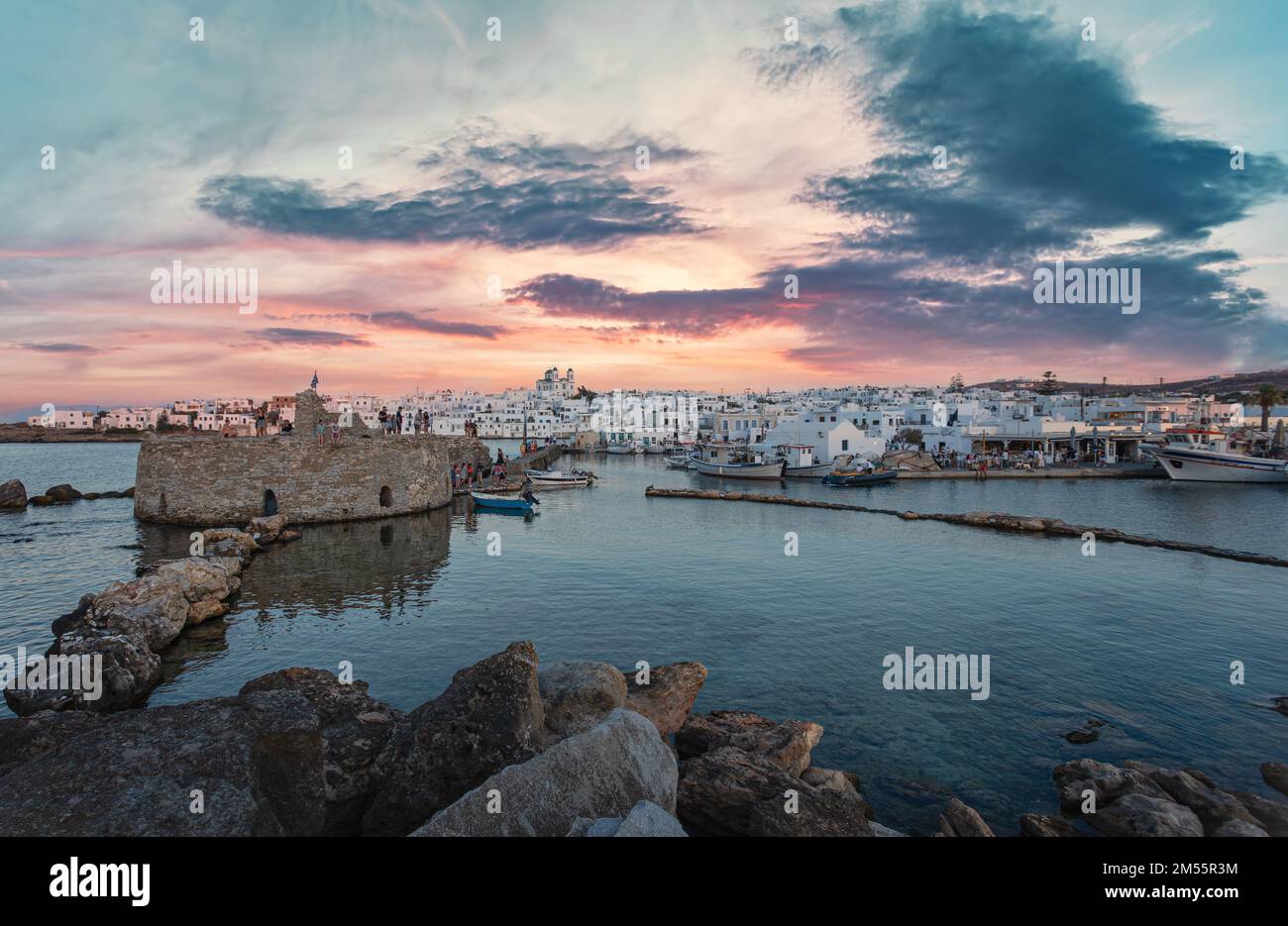 An aerial view of cityscape Naoussa surrounded by buildings during ...
