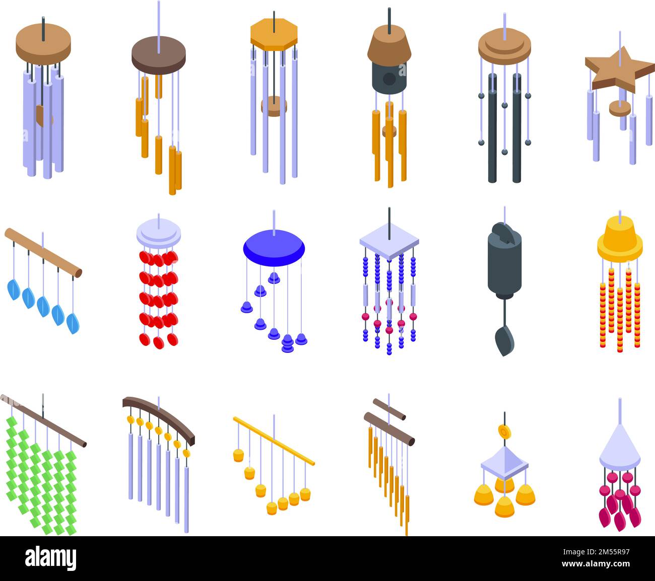Wind chime icons set isometric vector. Gold decoration. Wood bell Stock ...