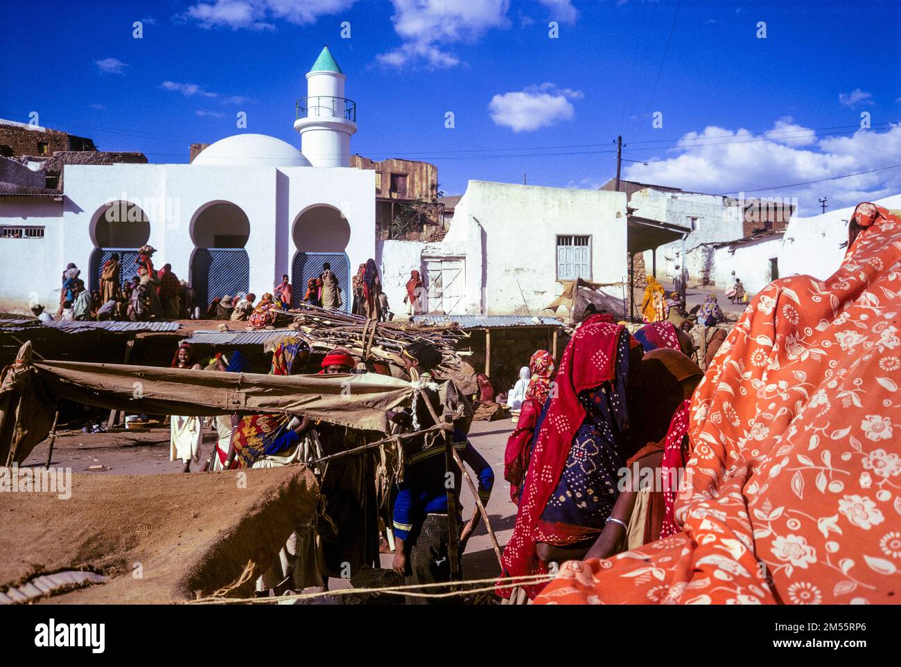 Ethiopia, 1970s, Harar, market place, people, white mosque, minaret ...