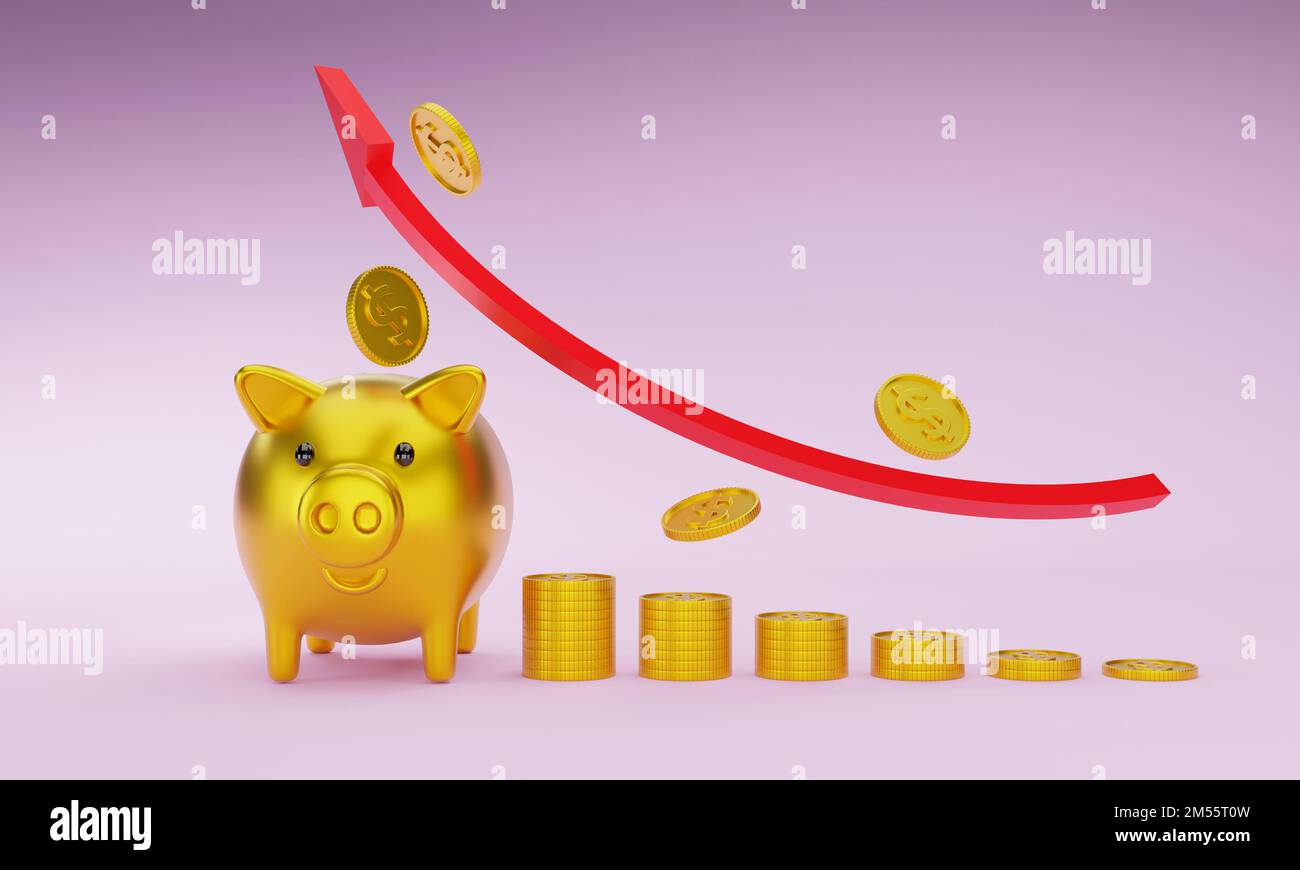 3d render money jar pig gold with money dollar coin stack with red ...