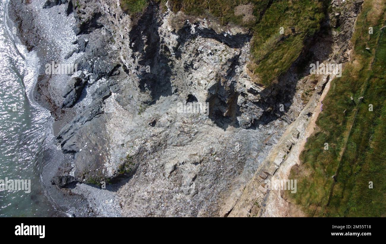 The coast of the Celtic Sea from a bird's-eye view. The rocky shores of ...