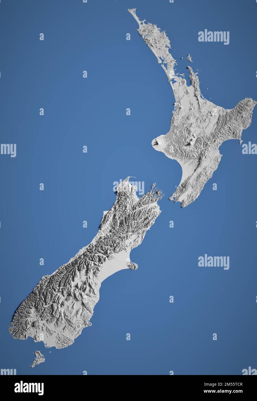 A 3D rendering on New Zealand map isolated in blue background Stock ...