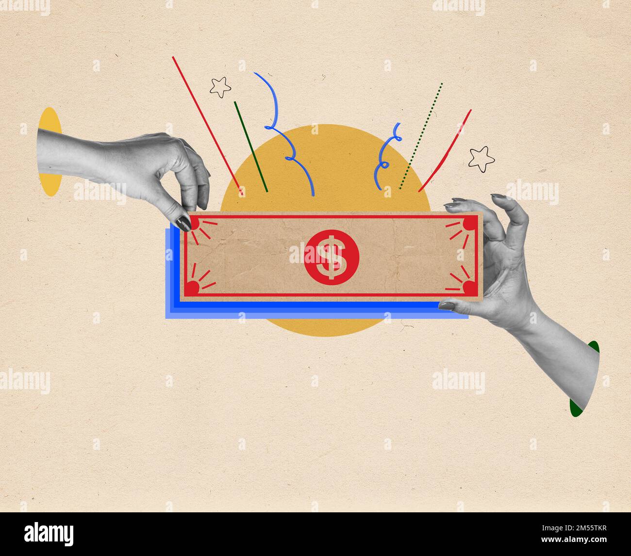 Hands holding a drawn dollar bill. Contemporary art collage. Concept of ...
