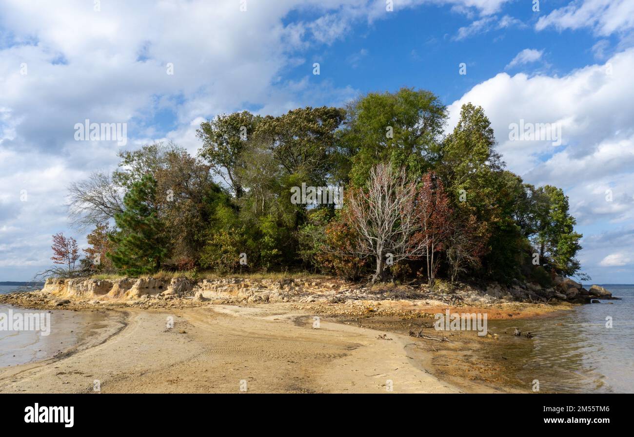 An aerial view of island surrounded by dense trees and water Stock ...