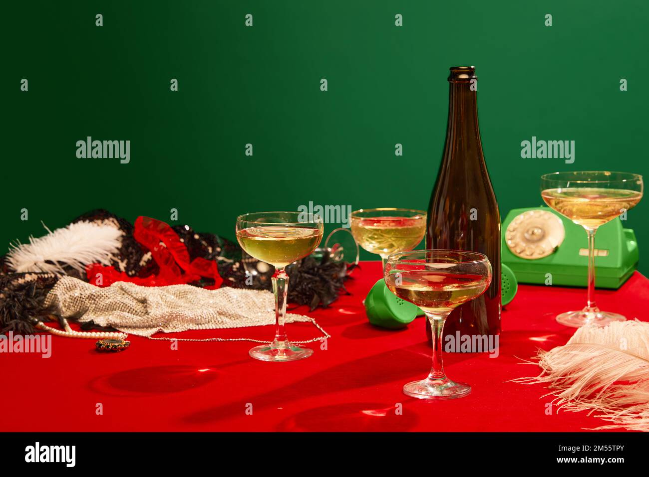 Christmas party aesthetics. Table with red tablecloths served with ...