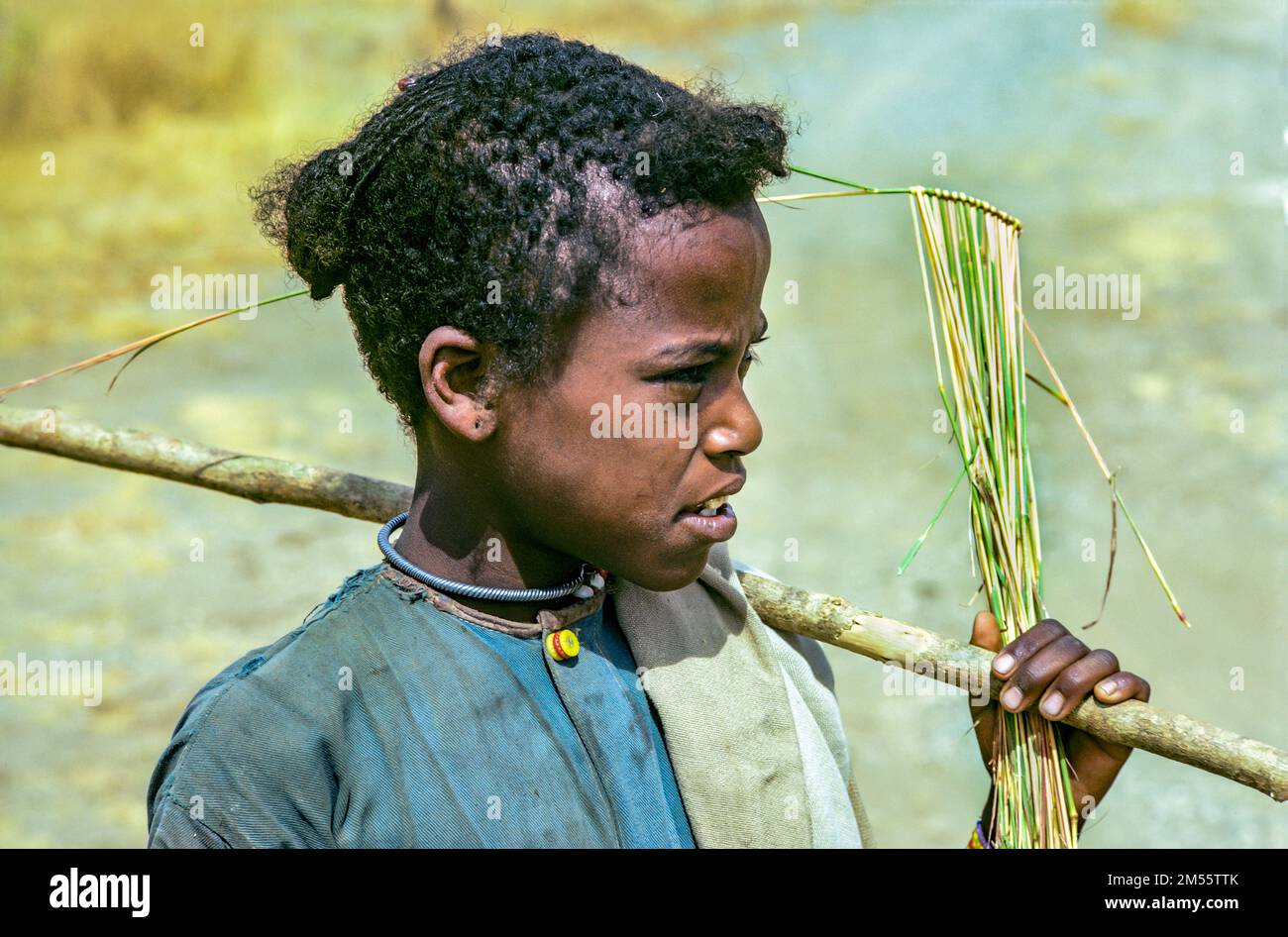 Ethiopia, 1970s, little girl with fly swatter and stick portrait ...