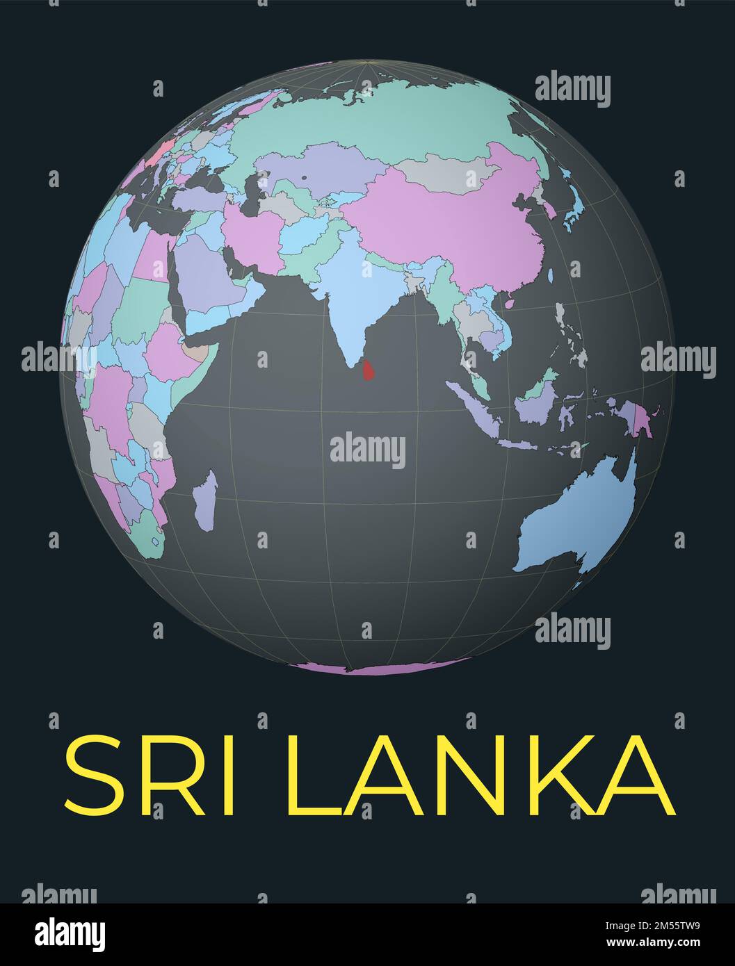 World map centered on Sri Lanka. Red country highlighted. Satellite ...