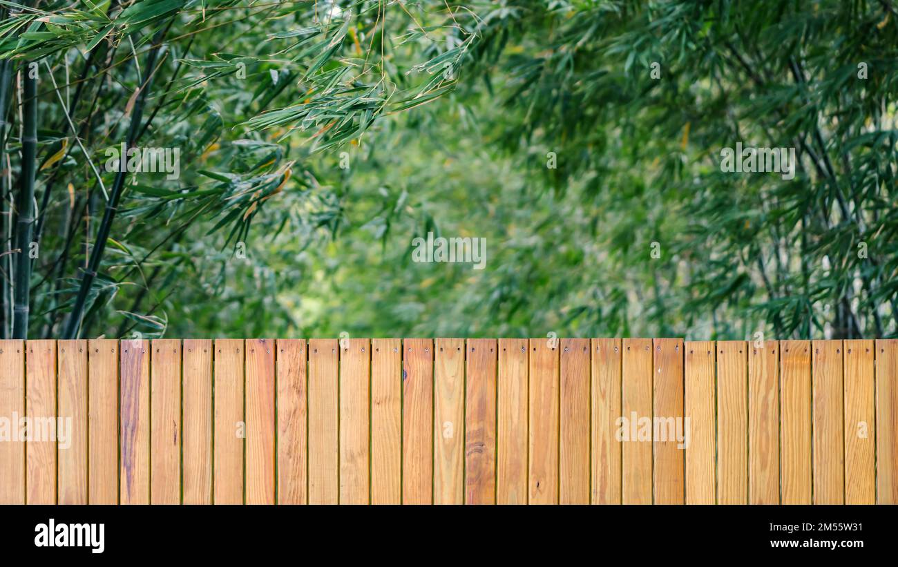 Beautiful brown wooden door decoration and blurred bamboo garden in ...