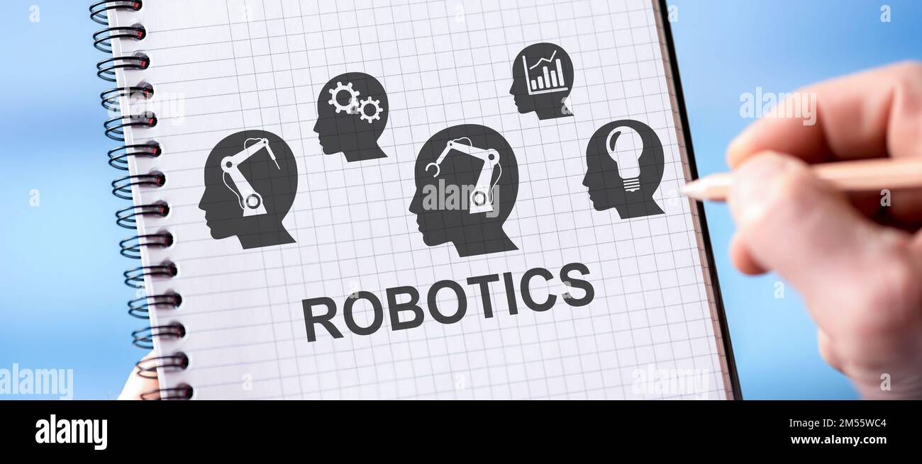 Hand drawing robotics concept on a notepad Stock Photo - Alamy