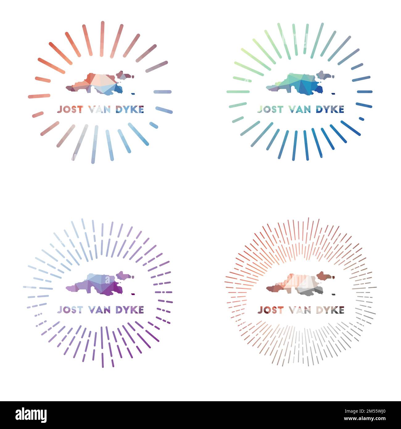 Jost Van Dyke low poly sunburst set. Logo of island in geometric ...