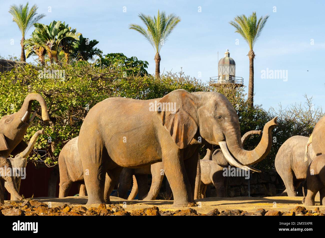 BENALMADENA, SPAIN - 21 NOVEMBER 2022 Life-size elephants sculptures ...