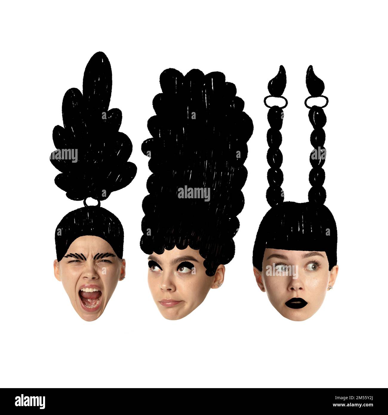 Set of young women faces, human heads with funny drawn haircuts, hairdo ...