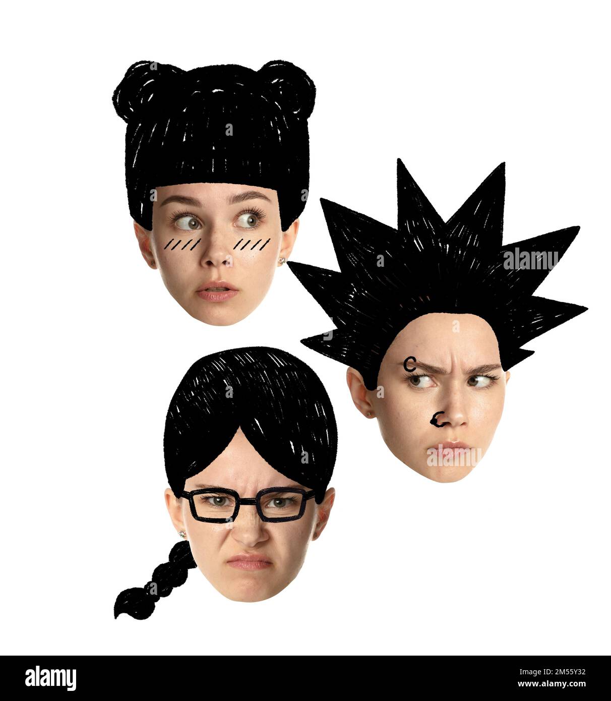 Set of young women faces, human heads with funny drawn haircuts, hairdo ...