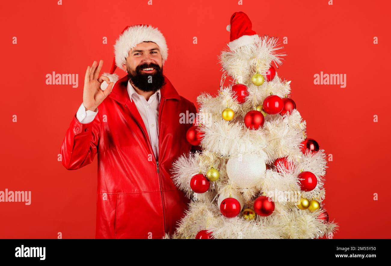 Bearded man in Santa hat with Christmas tree showing ok sign. New year ...