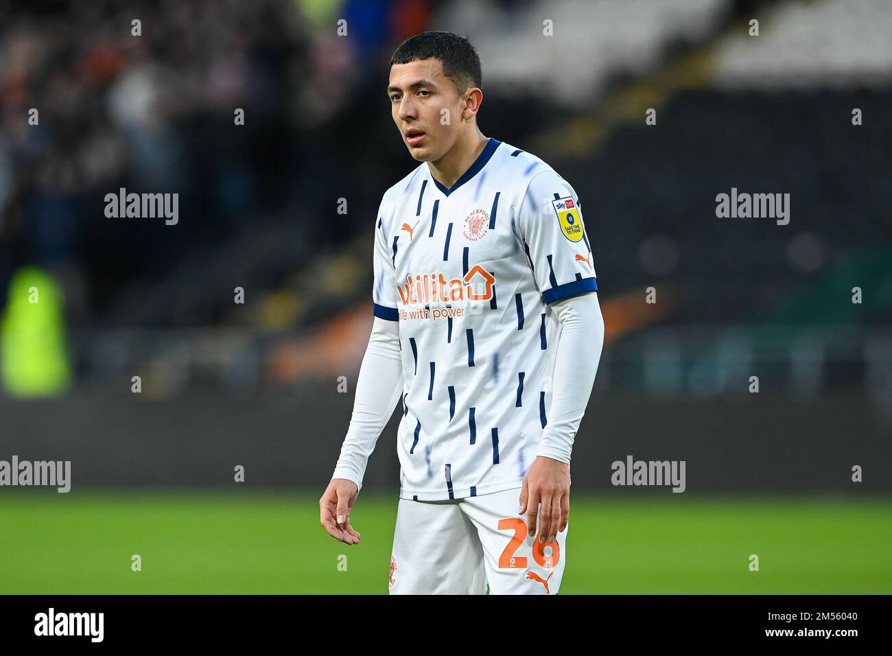 Ian Poveda #26 of Blackpool during the Sky Bet Championship match Hull ...