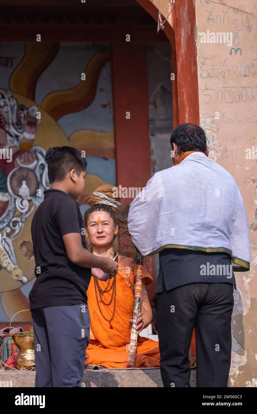Varanasi, India - Nov 2022: Portrait of Indian holy sadhu female ...