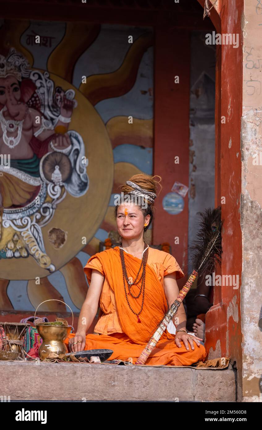 Varanasi, India - Nov 2022: Portrait of Indian holy sadhu female ...