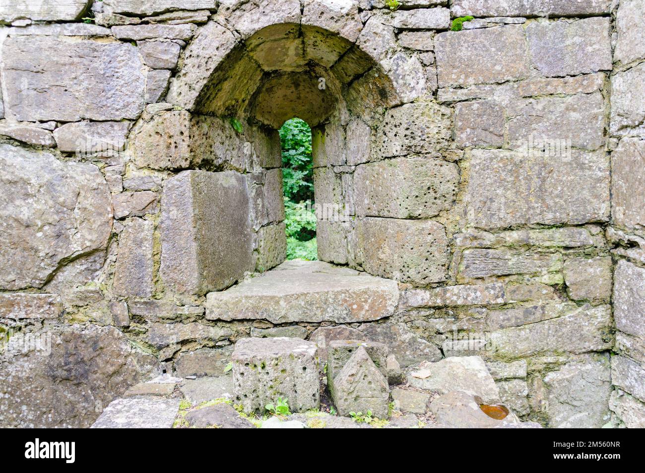 Stone window of the medieval church on Inchagoill Island, Lough Corrib ...