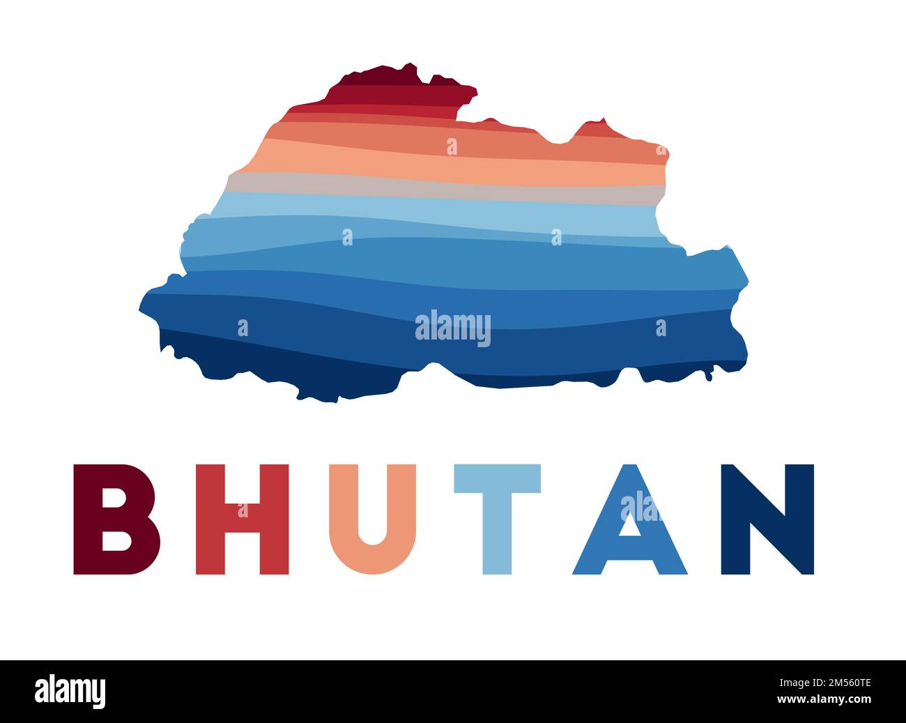 Bhutan map. Map of the country with beautiful geometric waves in red ...