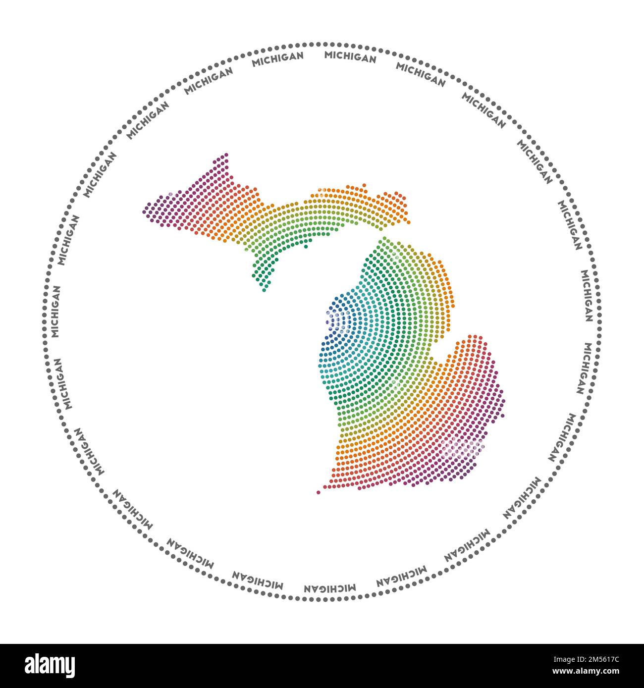 Michigan round logo. Digital style shape of Michigan in dotted circle ...