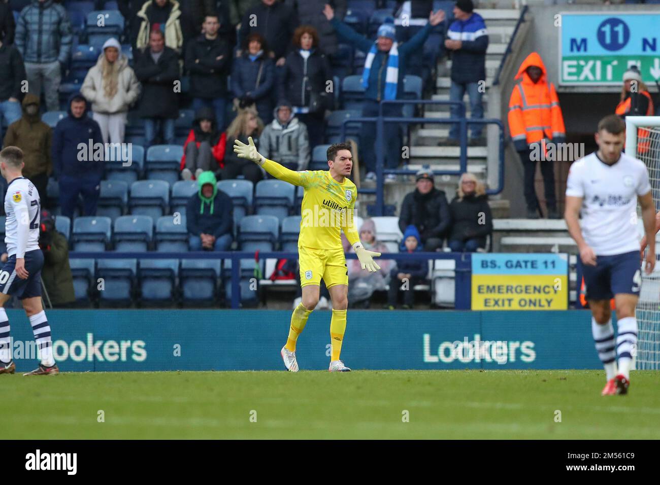 Lee Nicholls #21 of Huddersfield Town shouts at his players during the ...