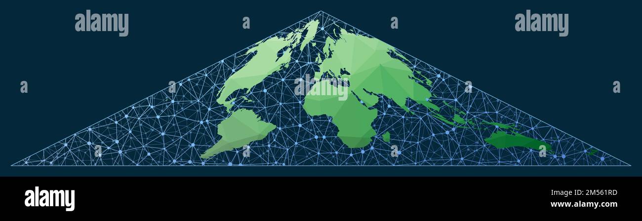 Abstract map of world network. Collignon projection. Green low poly ...