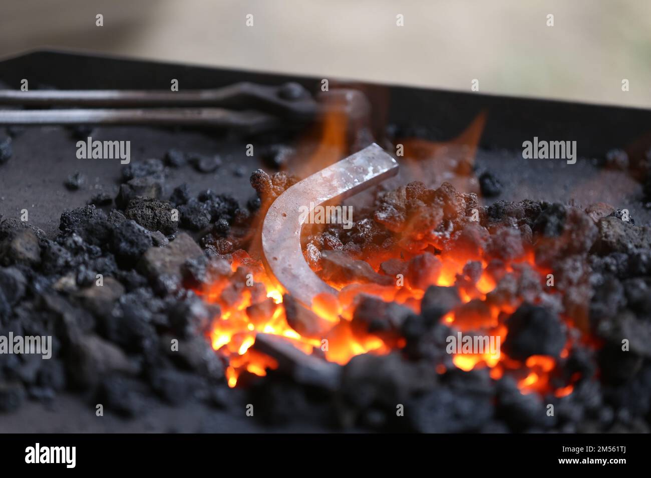 Smithy forging for hardening and heating iron. Blacksmith working at smithy workshop. Smith made ...