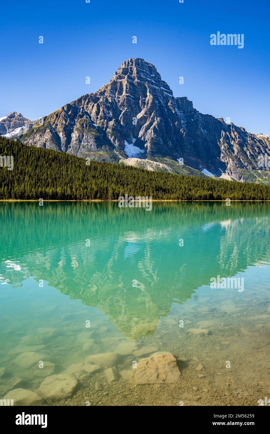A magnificent view of a transparent mountain lake's surface, with an ...