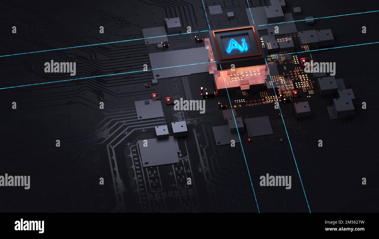 Ai Cpu Chip On Motherboard Abstract 3d Render Of A Computer Processor Chip On A Circuit Board