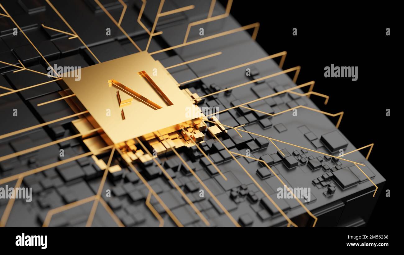 Golden AI Circuit board. Technology background Central Computer Processors CPU and GPU concept ...
