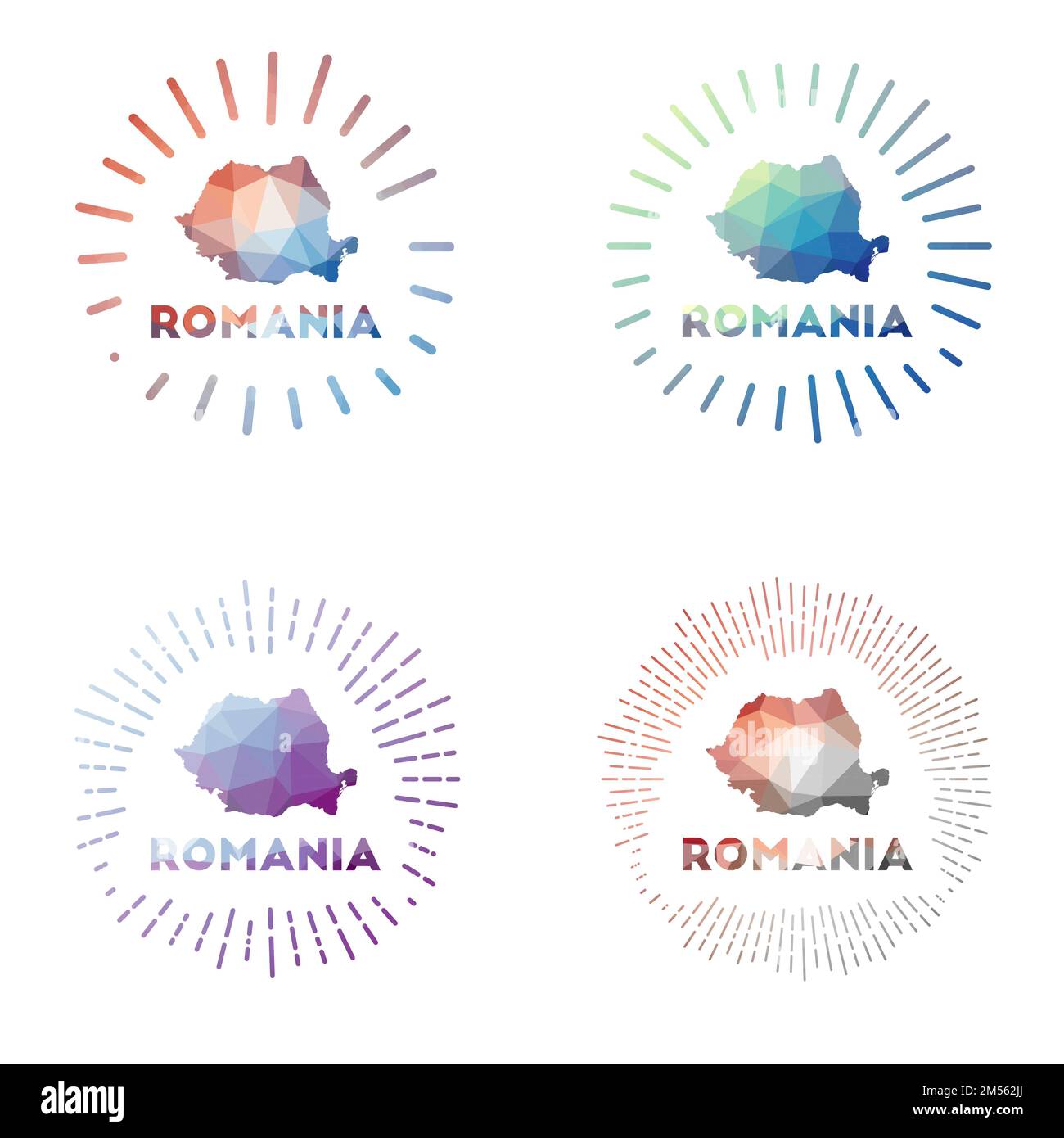 Romania low poly sunburst set. Logo of country in geometric polygonal ...