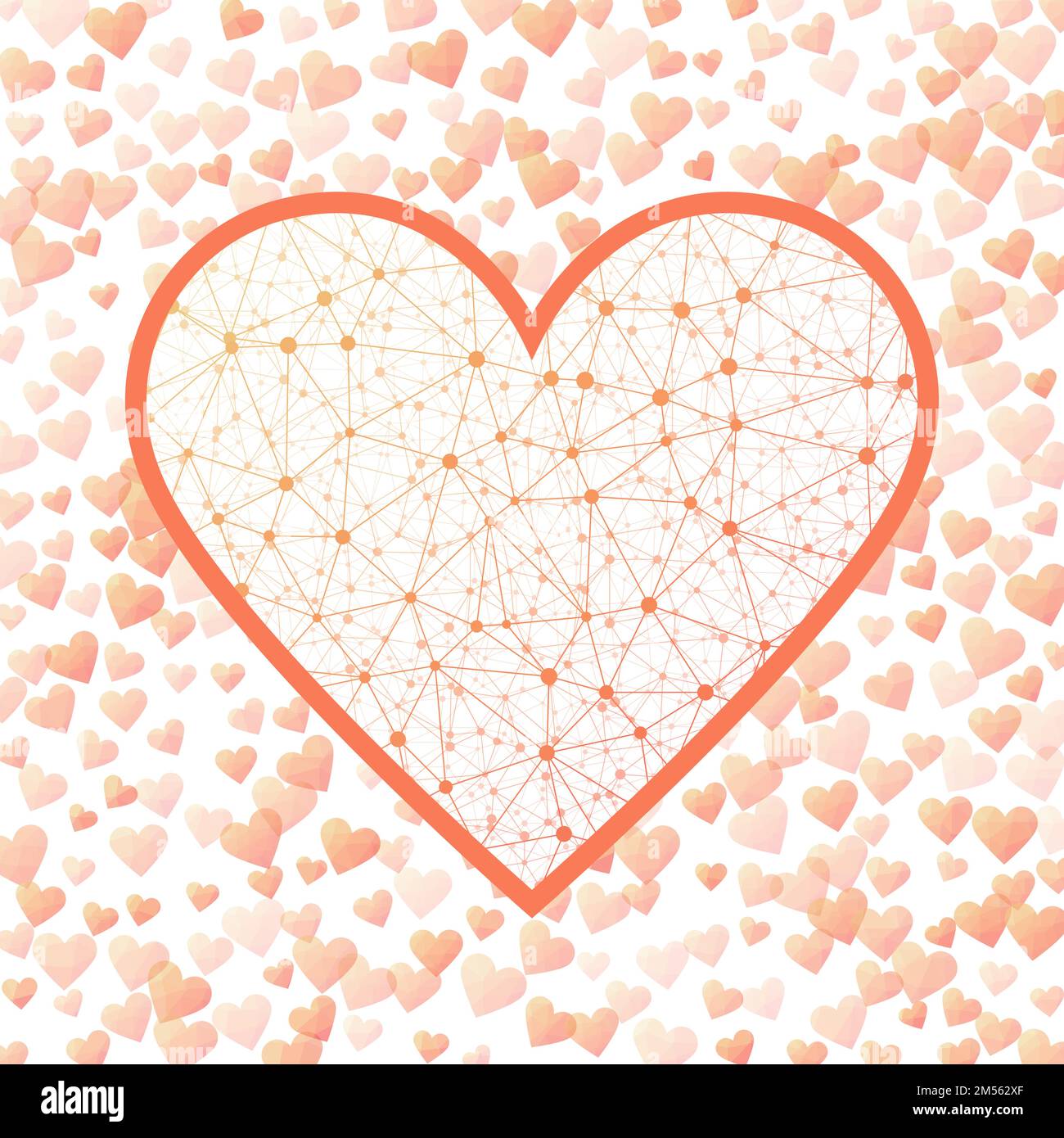 February 14 Valentine's Day Sign. Geometric heart mesh in yellow-orange ...