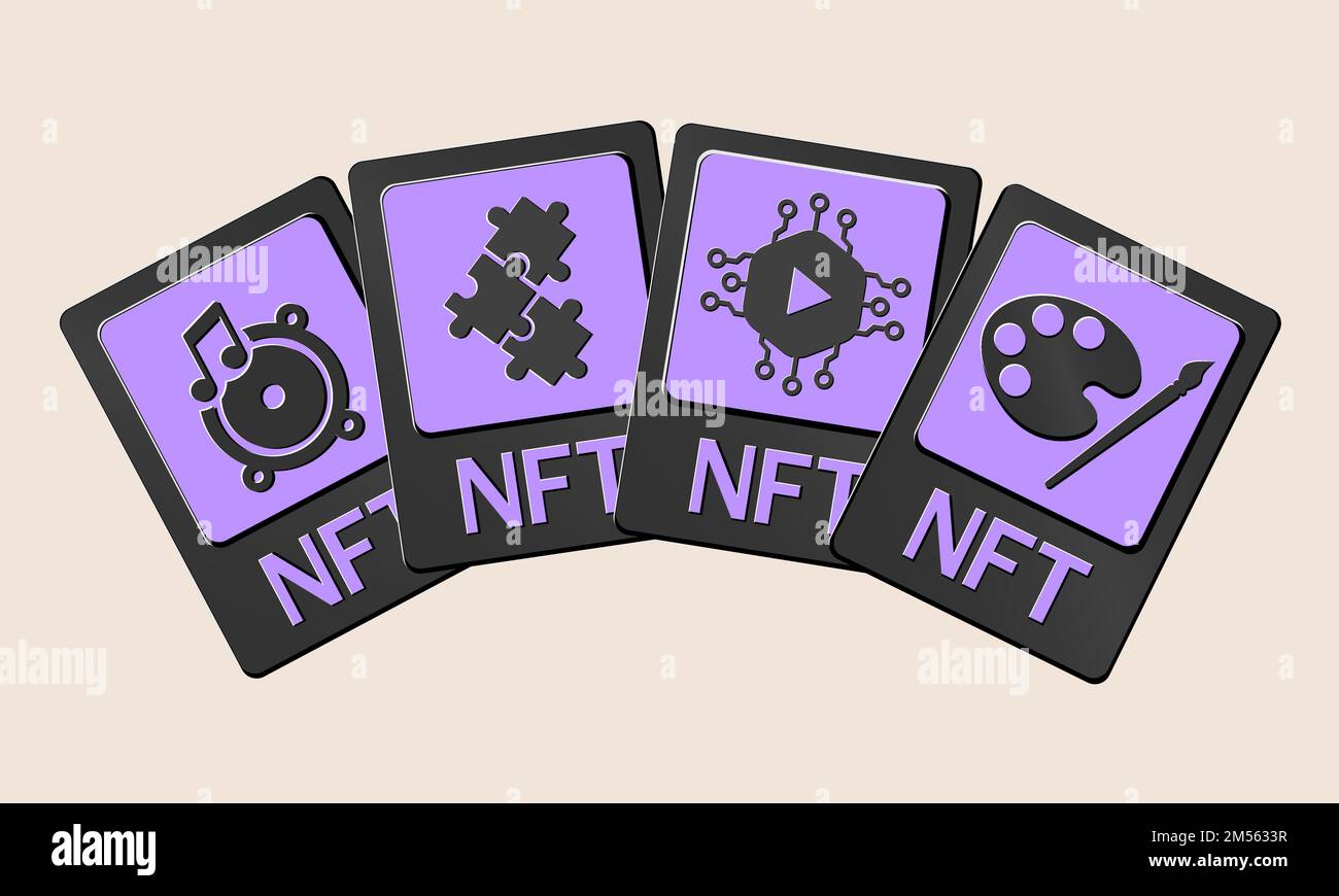 3D NFT token cards in cryptography. NFT cards with game, music, video ...