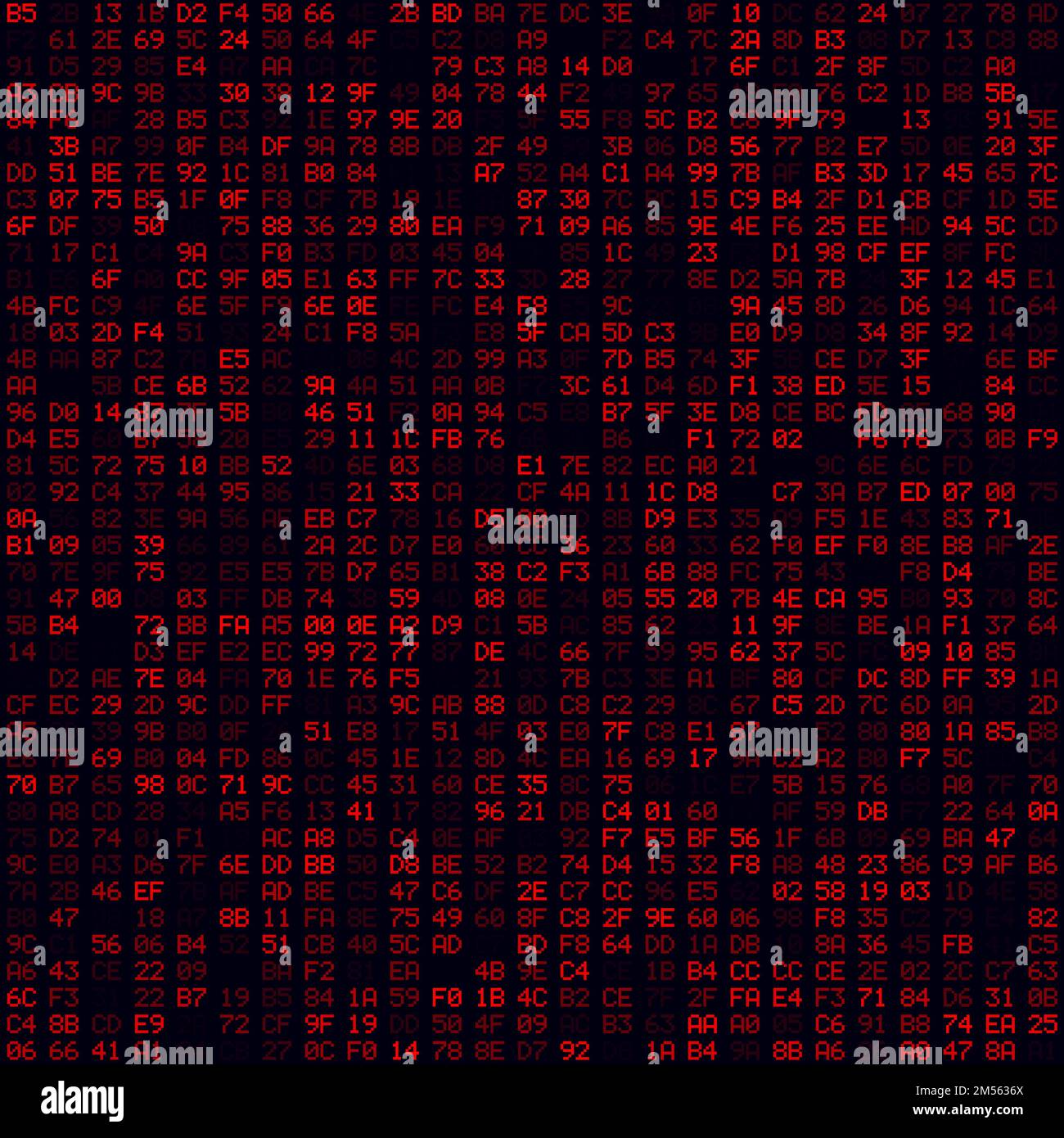 Tech background. Red filled hexadecimal pairs background. Medium sized seamless pattern. Radiant ...