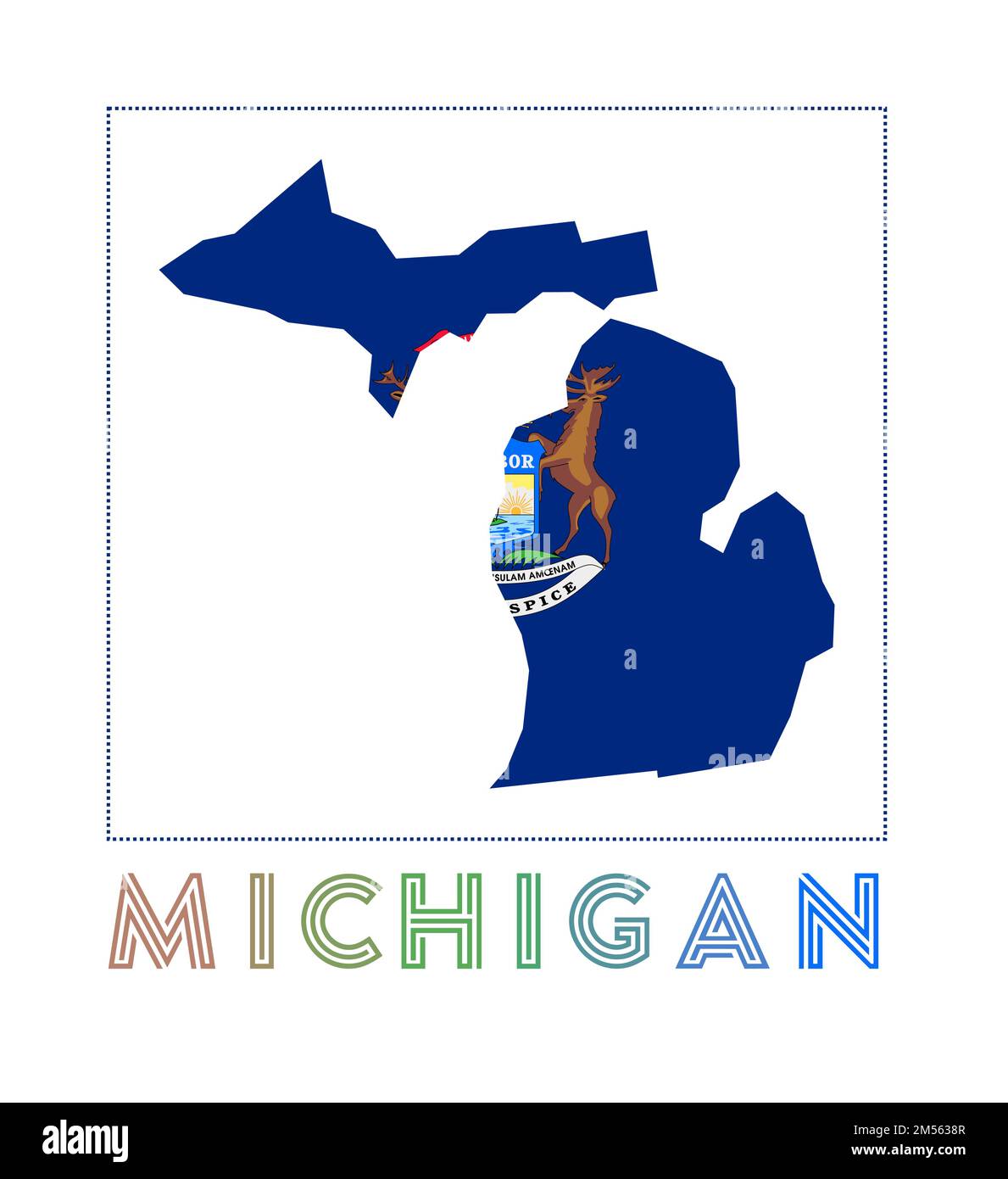 Michigan Logo. Map of Michigan with state name and flag. Authentic ...