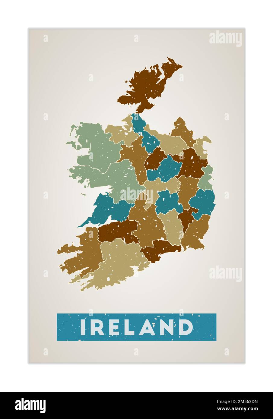 Ireland map. Country poster with regions. Old grunge texture. Shape of ...