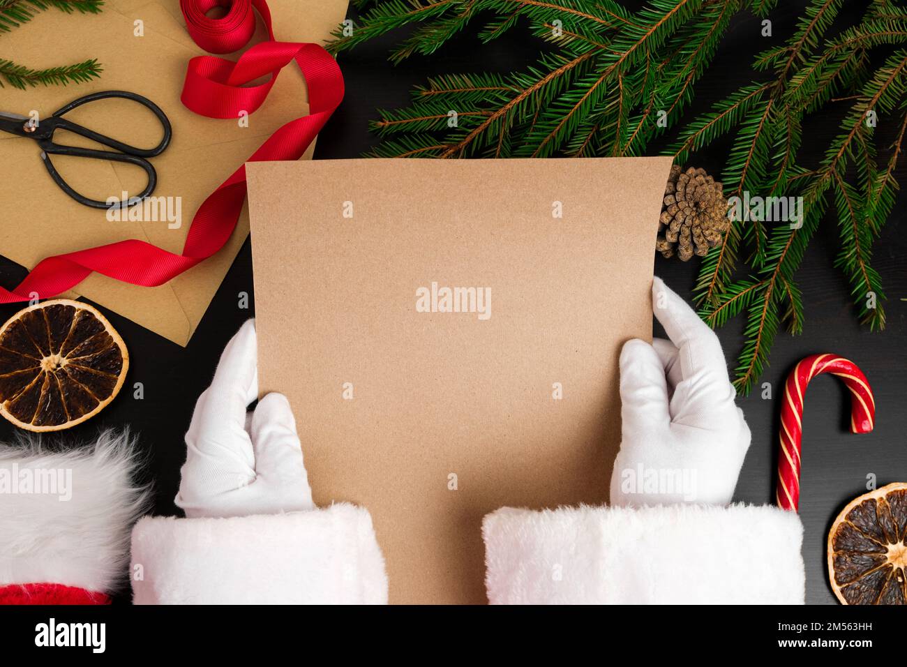 Santa Claus Reading Letters from Children on Desk. Top View of Jolly ...