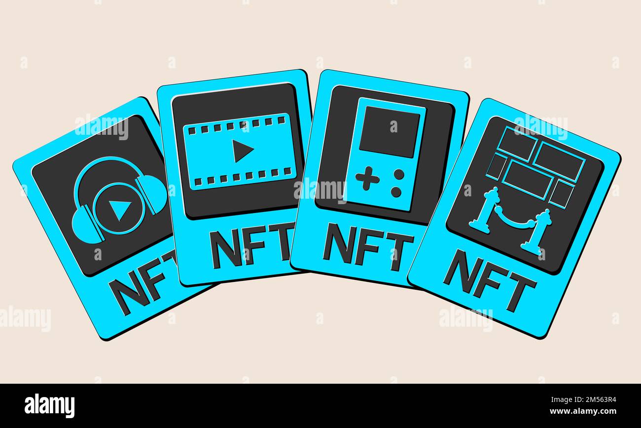 3D NFT token cards in cryptography. NFT cards with game, music, video ...