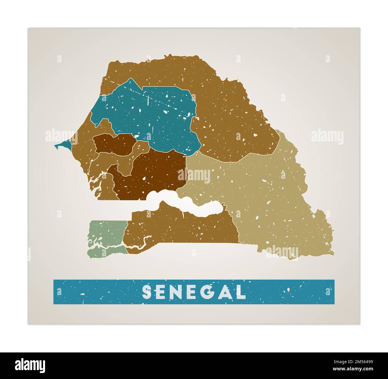 Senegal map. Country poster with regions. Old grunge texture. Shape of Senegal with country name ...