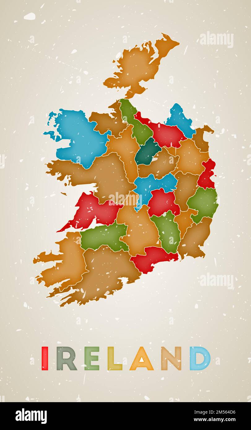 Ireland map. Country poster with colored regions. Old grunge texture ...