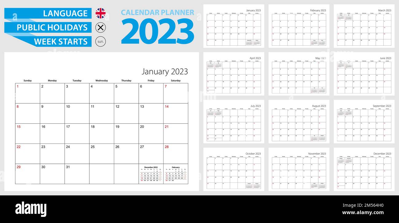 Wall calendar planner for 2023. English language, week starts from ...