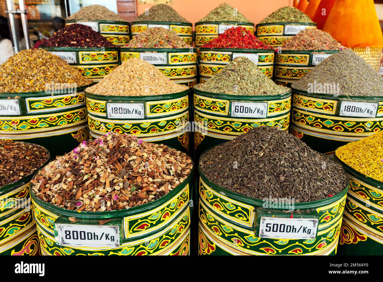 Barrels of spices in a shop in Marrakech, Morocco Stock Photo - Alamy