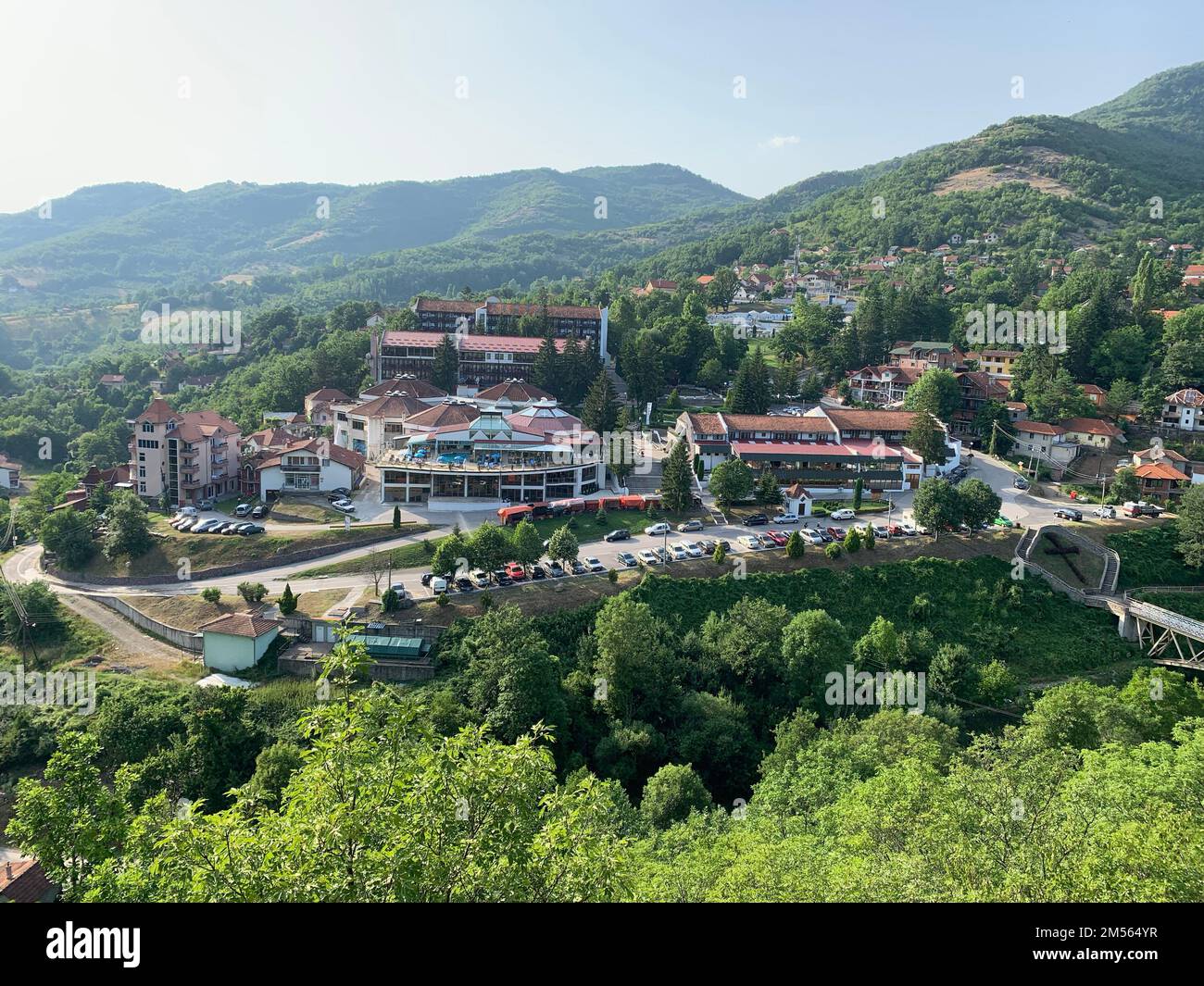 A mountain resort and hotel ona sunny day in Prolom Banja municipality ...