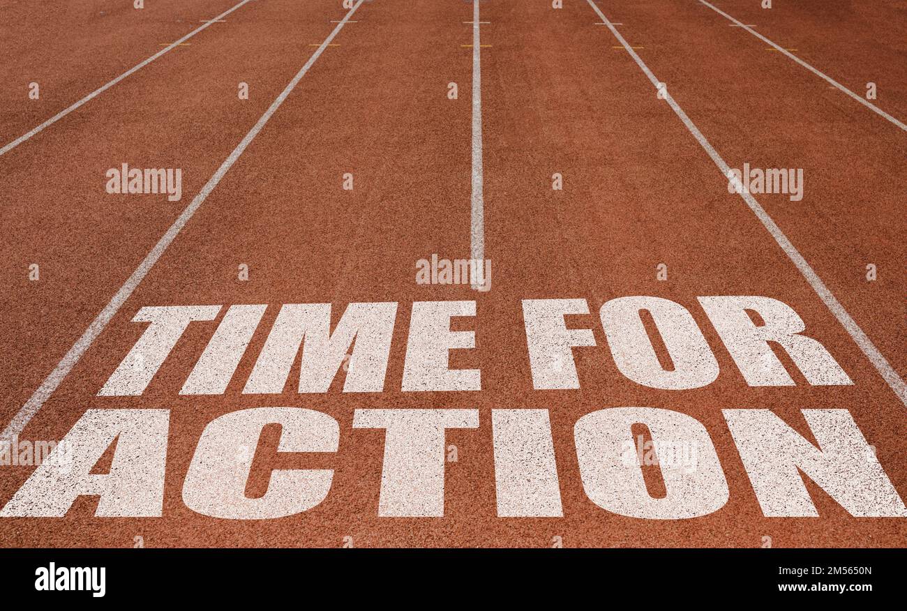 Time for Action written on running track, New Concept on running track text in white color Stock ...