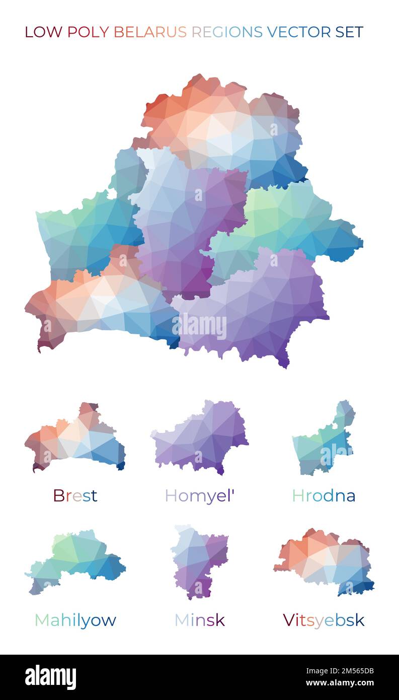 Belarusian low poly regions. Polygonal map of Belarus with regions. Geometric maps for your ...