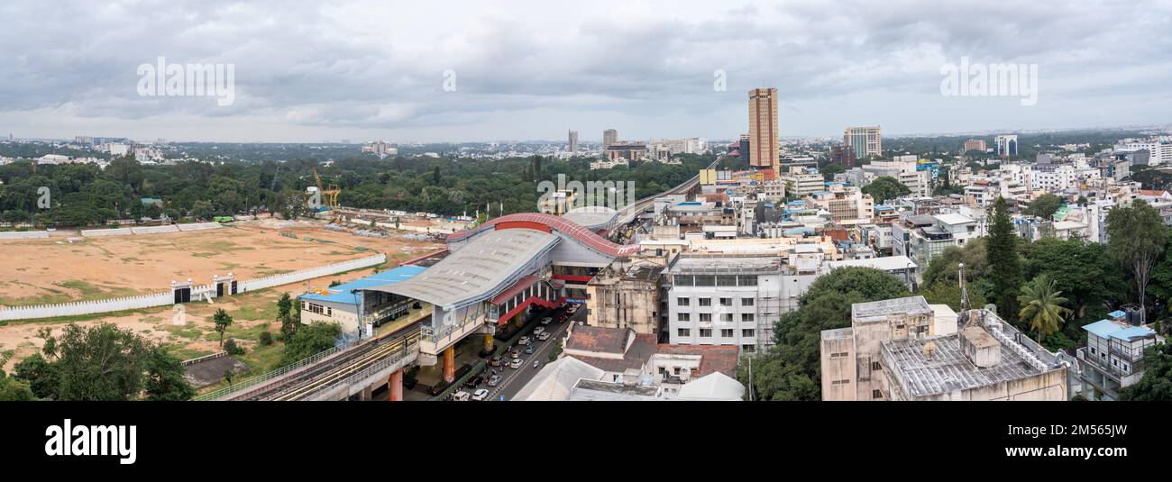 Aerial Panoramic View of Downtown Bengaluru with Train and cars in the ...