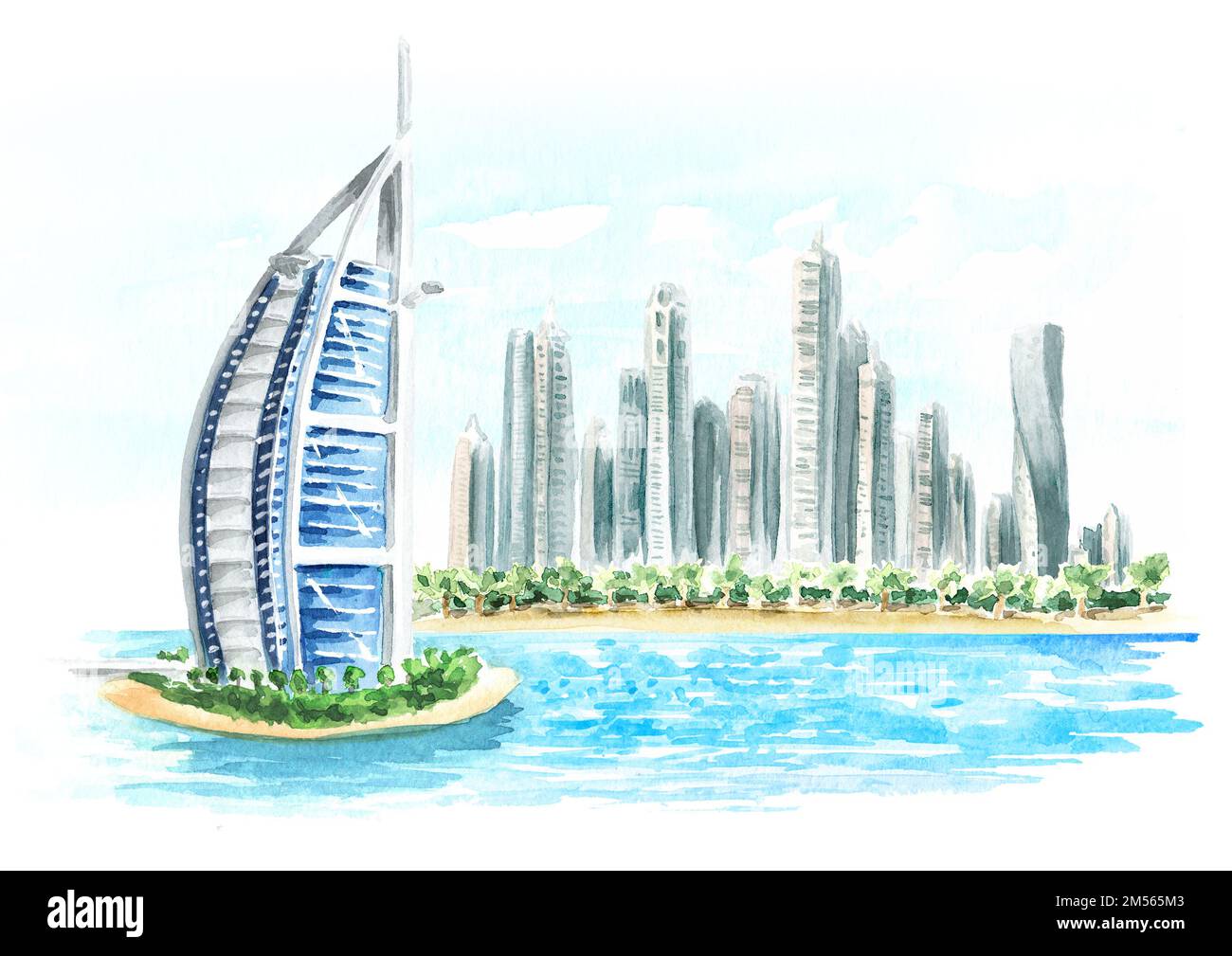 Burj al arab and Marina beach. Dubai, United Arab Emirates. Hand drawn ...