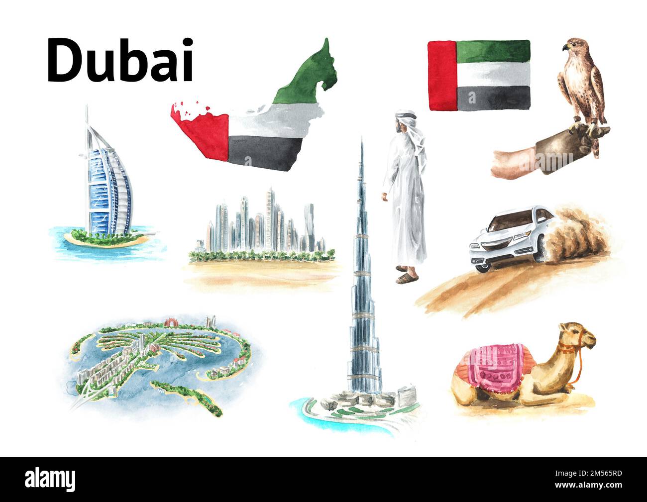 Dubai desigan elements set, United Arab Emirates. Hand drawn watercolor ...