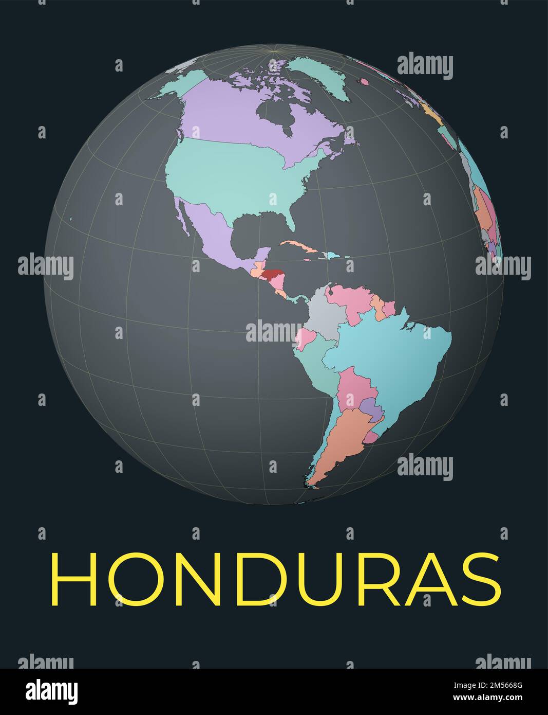 World map centered on Honduras. Red country highlighted. Satellite ...